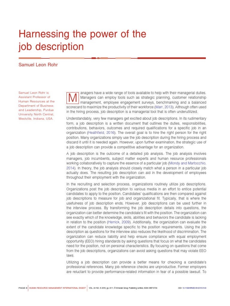 Harnessing The Power of The Job Description: Samuel Leon Rohr | PDF ...