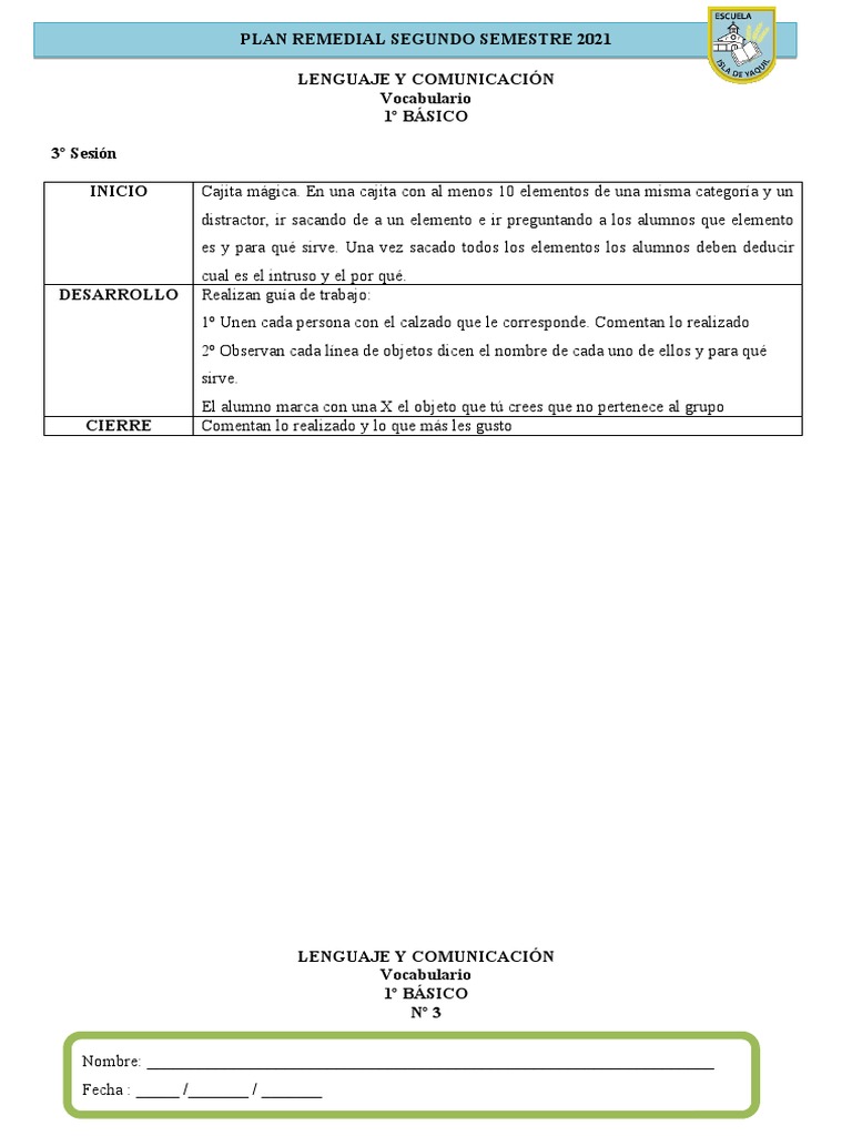 PLAN REMEDIAL LENGUAJE Semana 3 | PDF