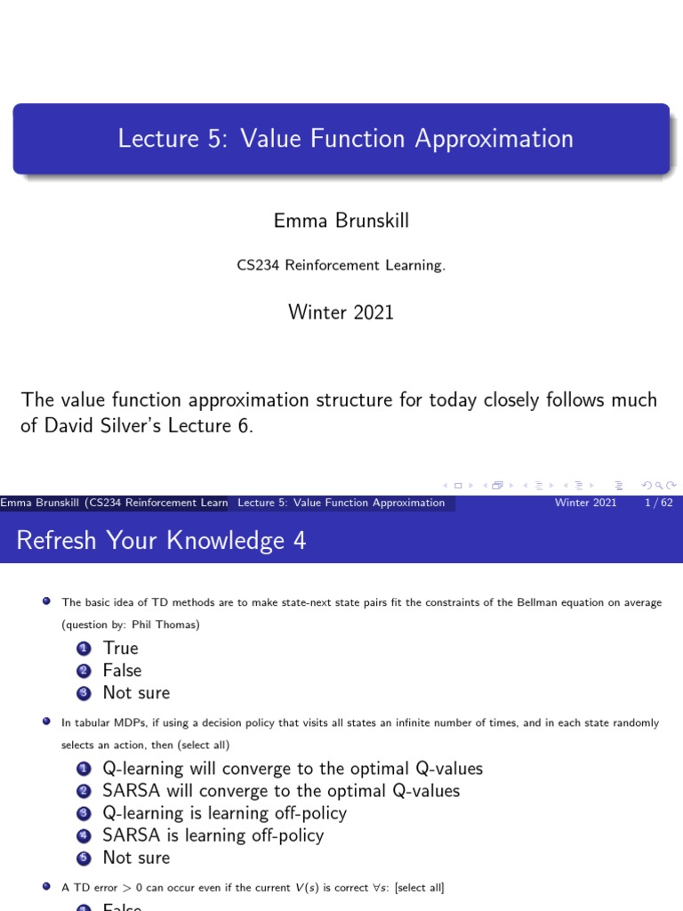 Lecture 5: Value Function Approximation: Emma Brunskill | PDF ...