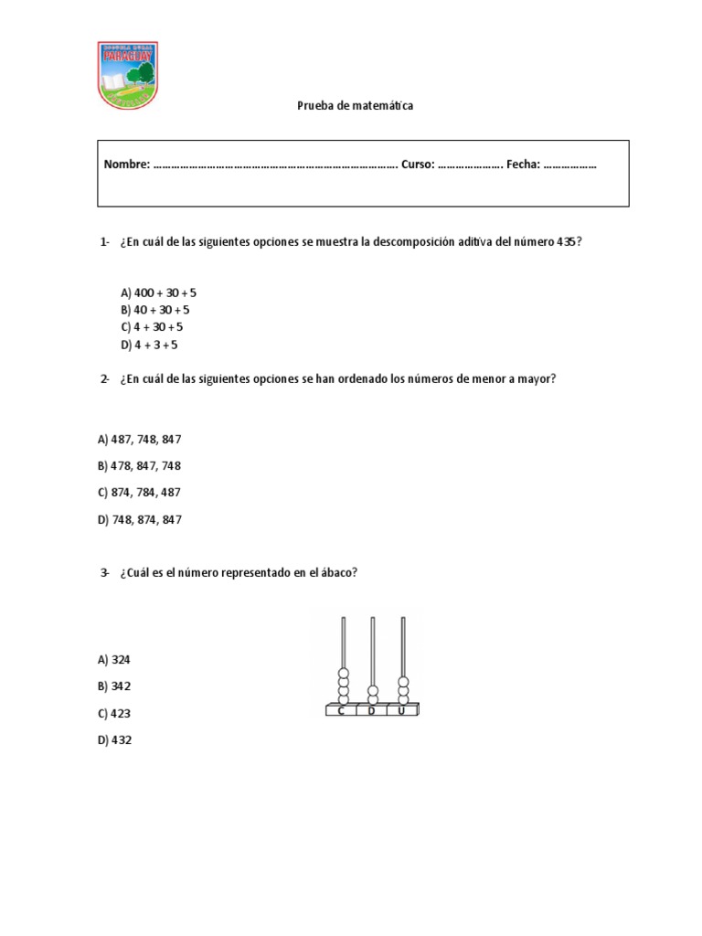Prueba Matematica 3 Basico | PDF