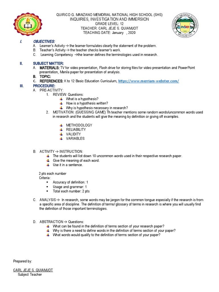 I. Objectives:: Inquiries, Investigation and Immersion | PDF | Teachers | Lesson Plan