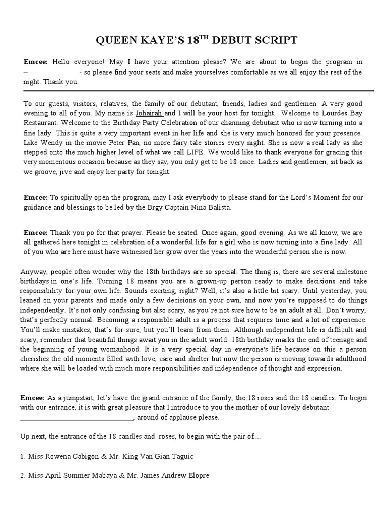 Queen Kaye'S 18 Debut Script | PDF