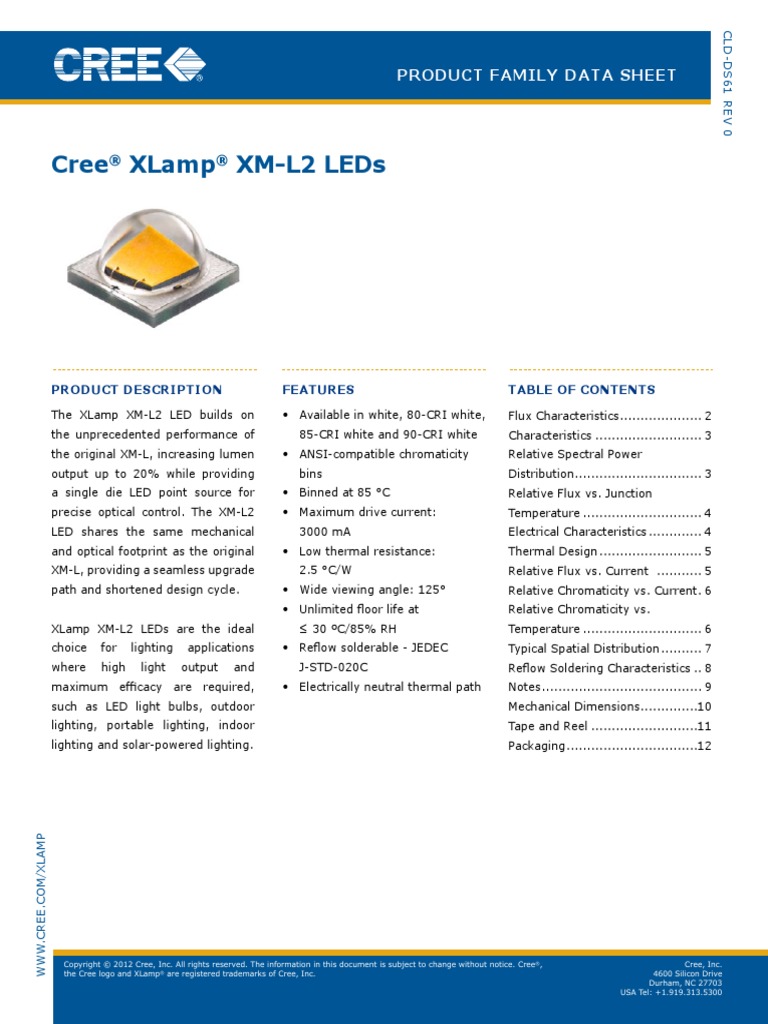Cree Xlamp Xm-l2 Leds: Product Family Data Sheet | PDF | Light Emitting ...