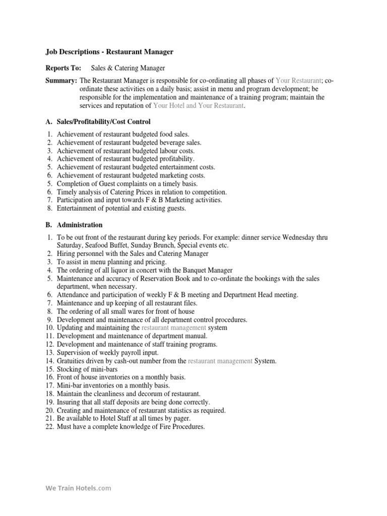Restaurant Manager Job Responsibilities | PDF | Restaurants | Menu