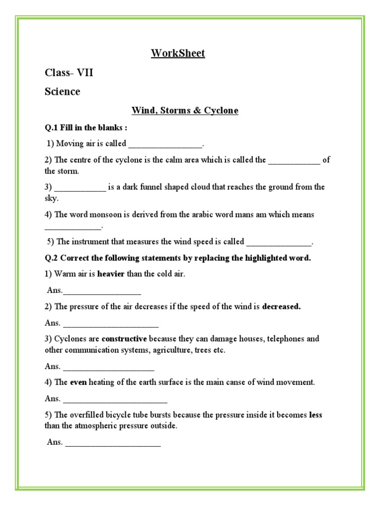 Worksheet Class-Vii Science: Wind, Storms & Cyclone | PDF | Tropical ...