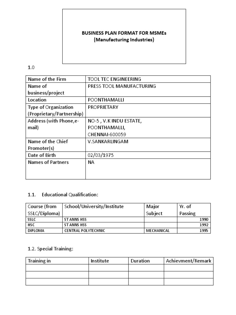 Business Plan Format For Msmes (Manufacturing Industries) | PDF ...