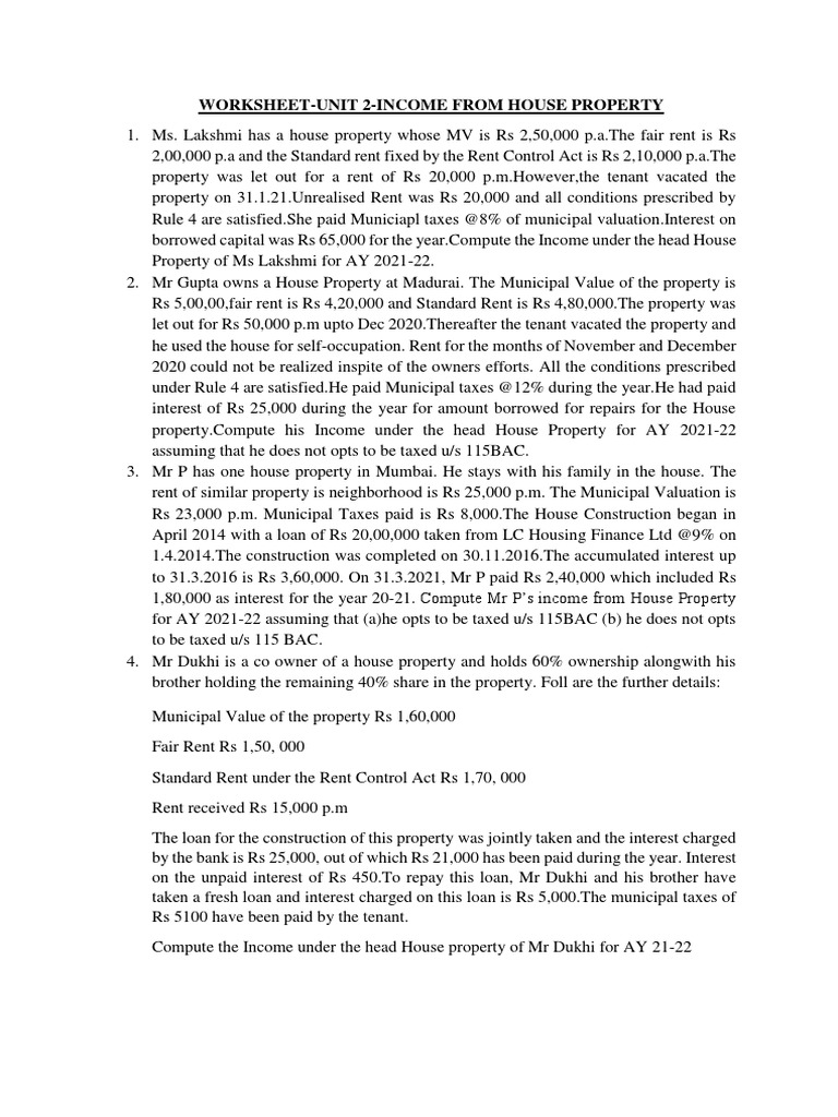 Worksheet-Unit 2-Income From House Property | PDF | Interest | Loans