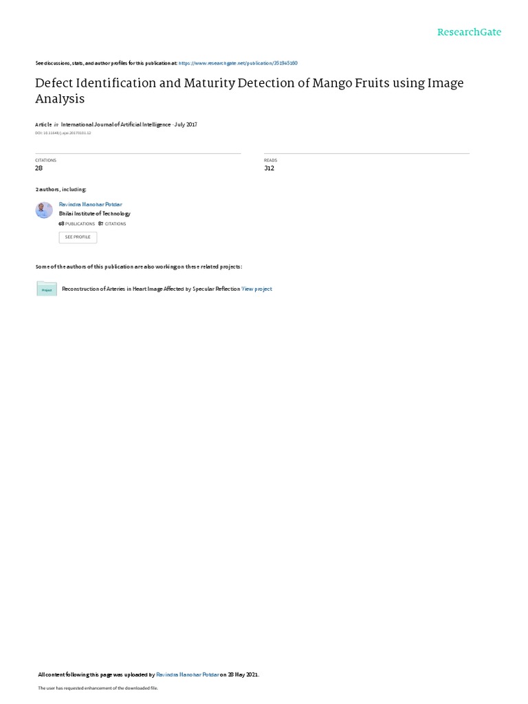 Defect Identification and Maturity Detection of Mango Fruits Using Image Analysis | Download ...