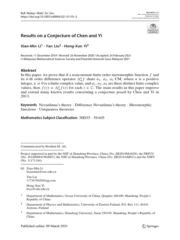 Results On A Conjecture of Chen and Yi: Xiao-Min Li Yan Liu Hong-Xun Yi ...