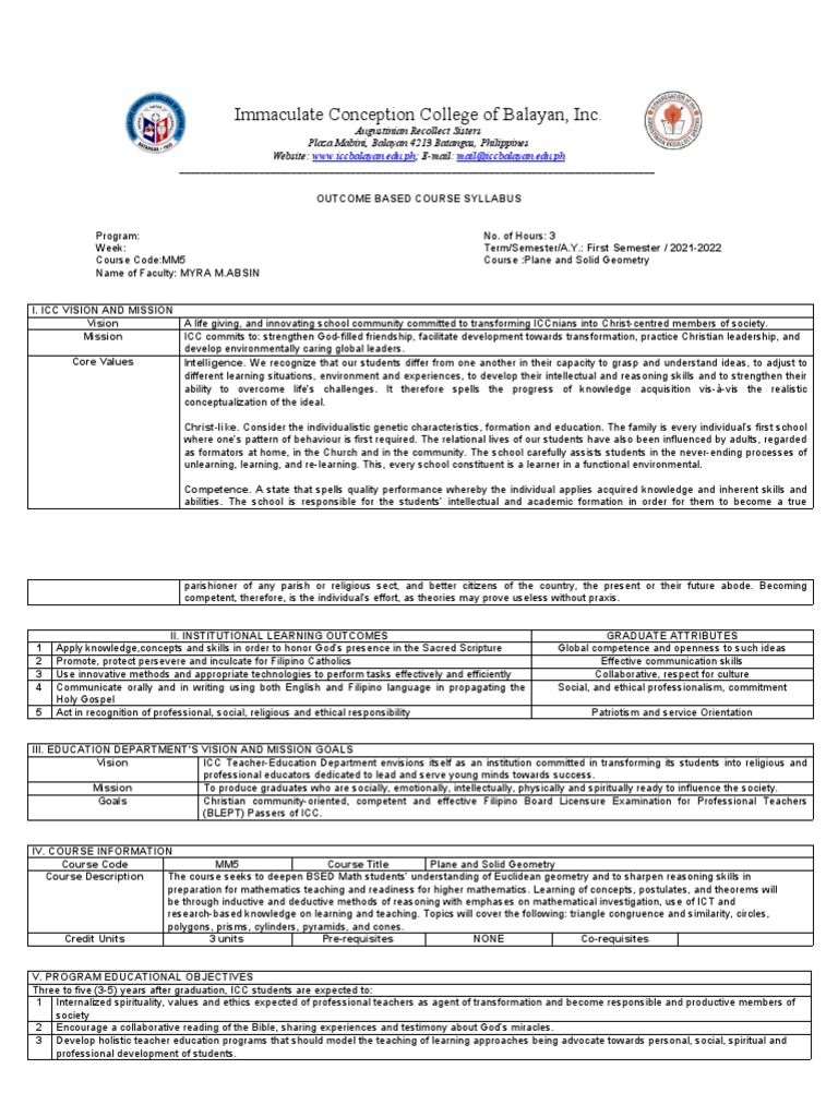Outcome Based Course Plane Geometry Trigonometry | PDF | Line (Geometry ...