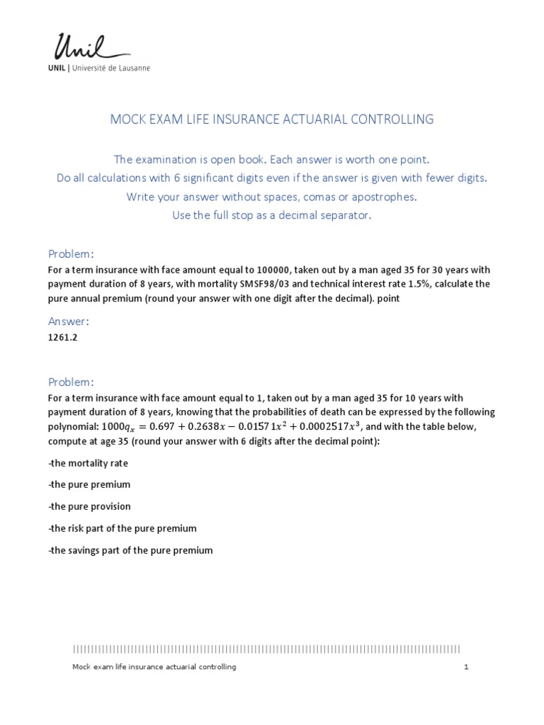 Mock Exam Life Insurance Actuarial Controlling 1 | Download Free PDF ...