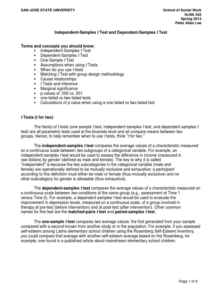 T-Test Analysis for MSW Student Life Satisfaction | PDF | Student's T ...