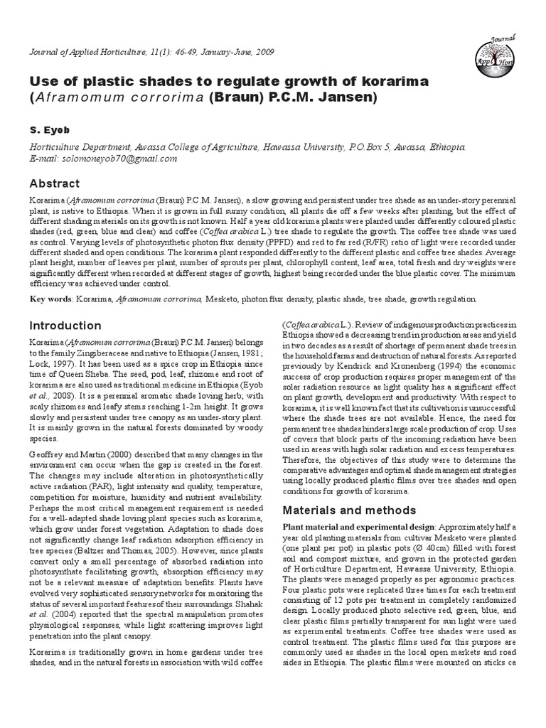 Plastic Shade Effects on Korarima Growth | PDF | Plants | Trees