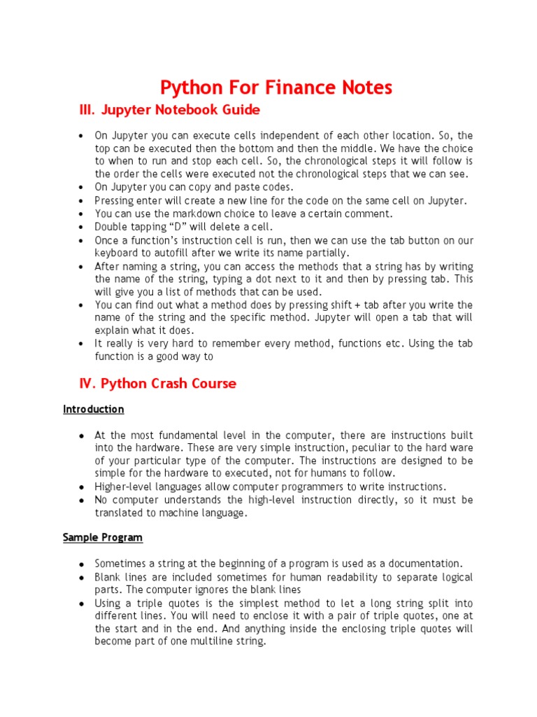 Python For Finance Notes: III. Jupyter Notebook Guide | PDF | Division ...