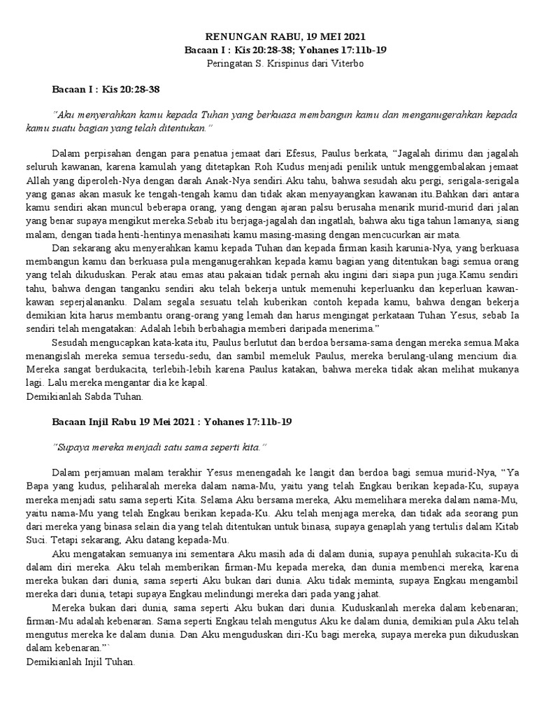 Bacaan Injil Dan Renungan Katolik Rabu | PDF