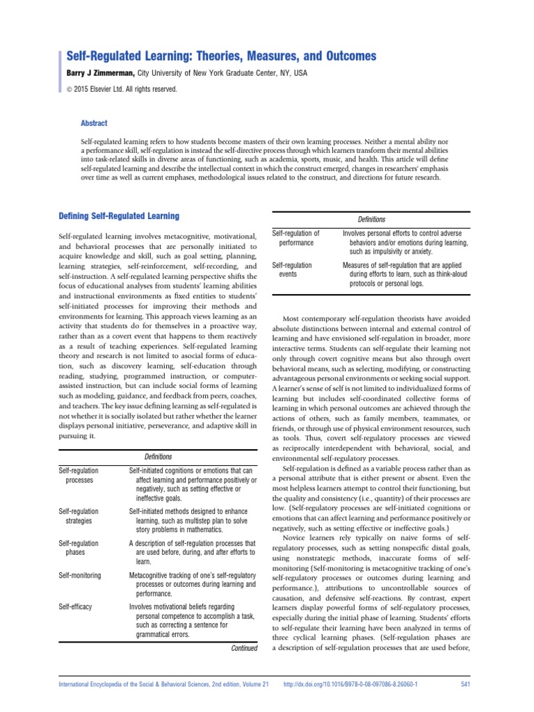 Self-Regulated Learning: Theories, Measures, and Outcomes | PDF ...