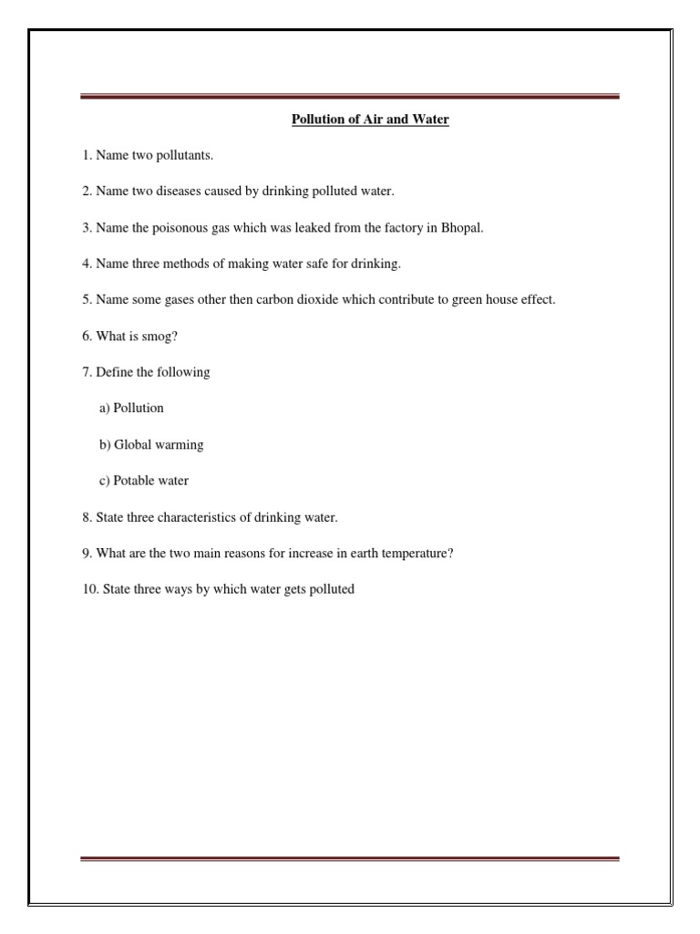 Class 8 Science Worksheet - Pollution of Air and Water | PDF