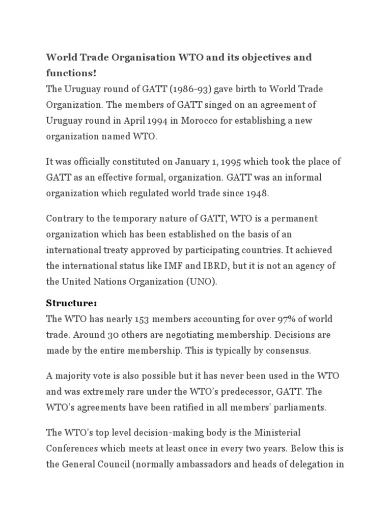 World Trade Organisation Wto And Its Objectives And Functions Pdf