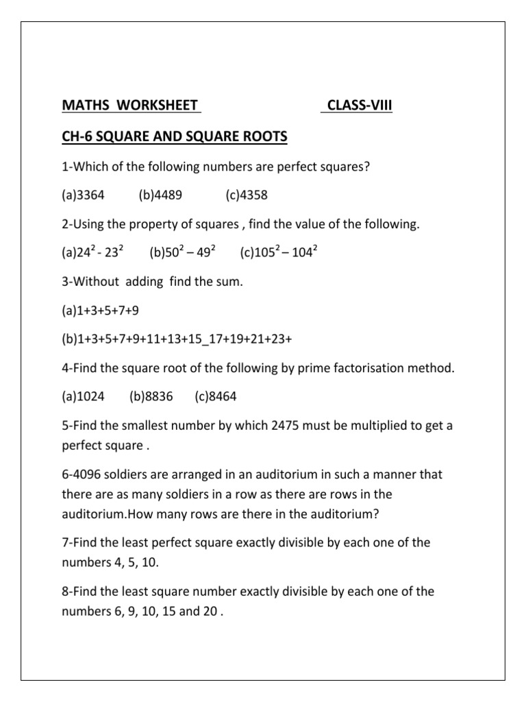 CBSE Class 8 Mathematics Worksheet - Square and Square Roots | PDF