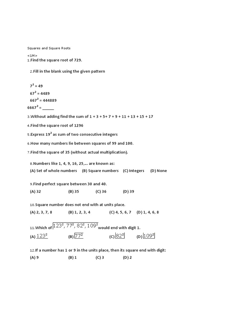 Class 8 Squares and Square Roots Worksheet | PDF | Algebra | Discrete ...