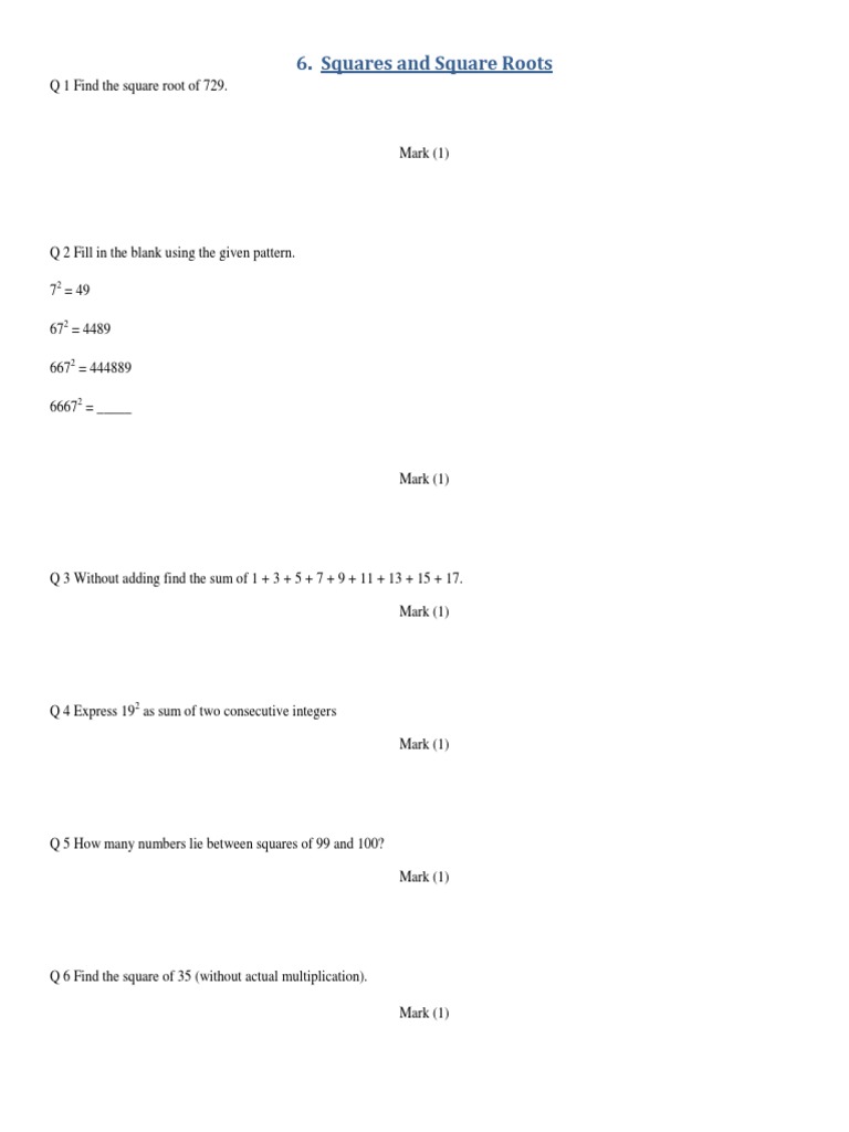 CBSE Class 8 Mathematics Worksheet - Squares and Square Roots | PDF ...