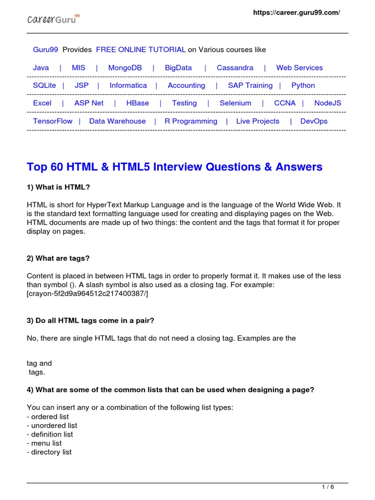 Top 60 HTML & HTML5 Interview Questions & Answers | PDF | Html Element | Hyperlink