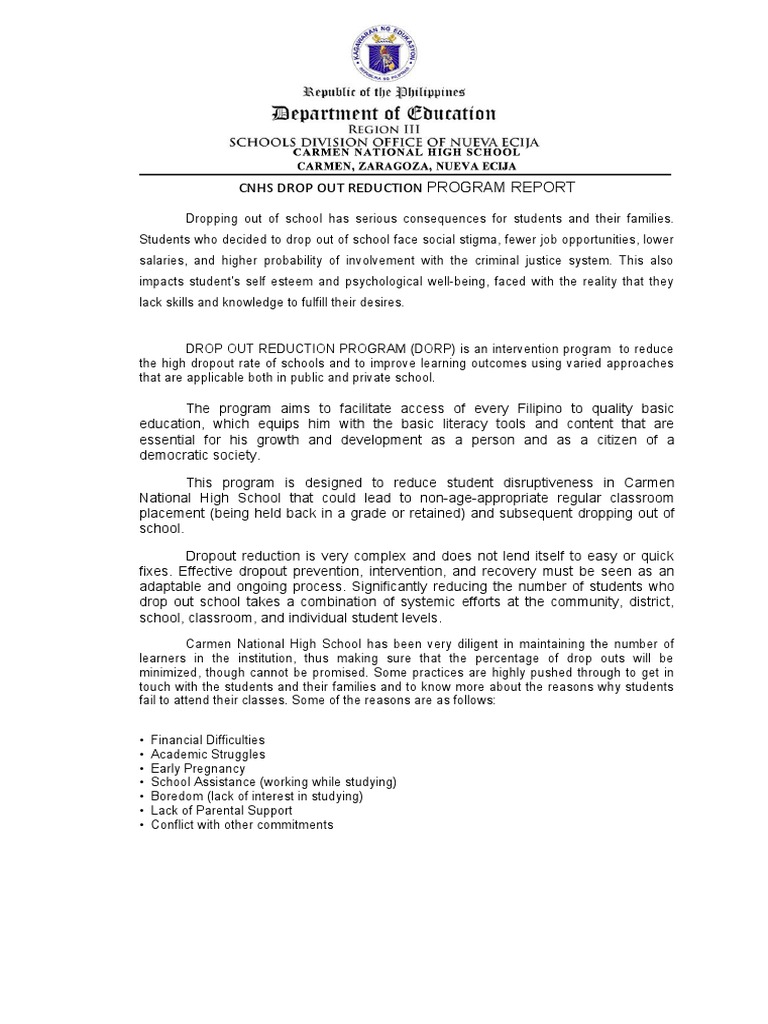 Drop Out Reduction Program | PDF | Schools | Classroom