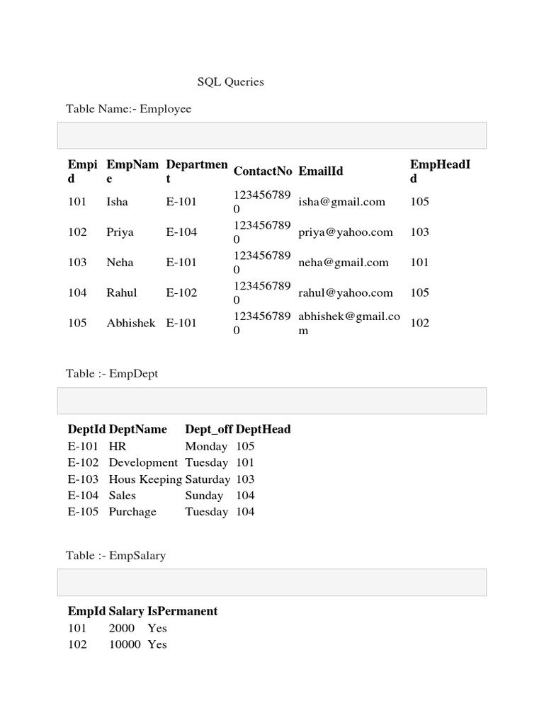 SQL Queries Table Name:-Employee: Empi D Empnam E Departmen T Contactno Emailid Empheadi D | PDF