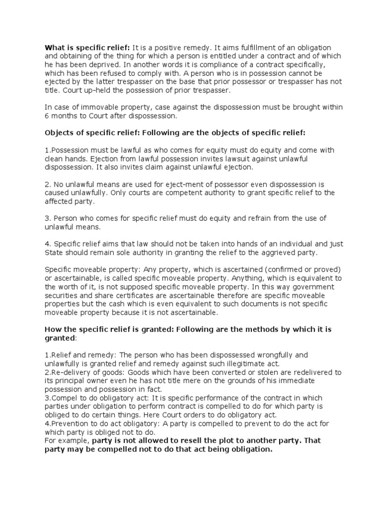 Overview of Specific Relief Act 1877 | PDF | Injunction | Equity (Law)