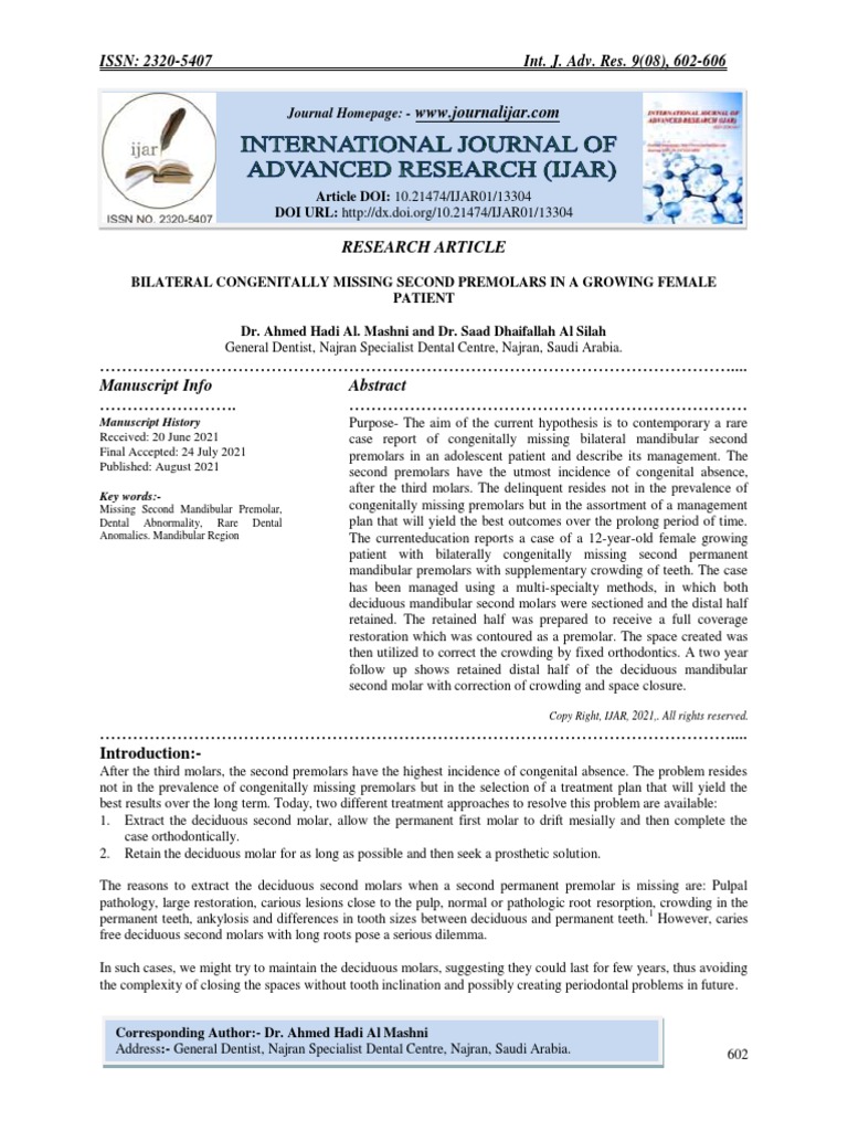 Bilateral Congenitally Missing Second Premolars in A Growing Female ...