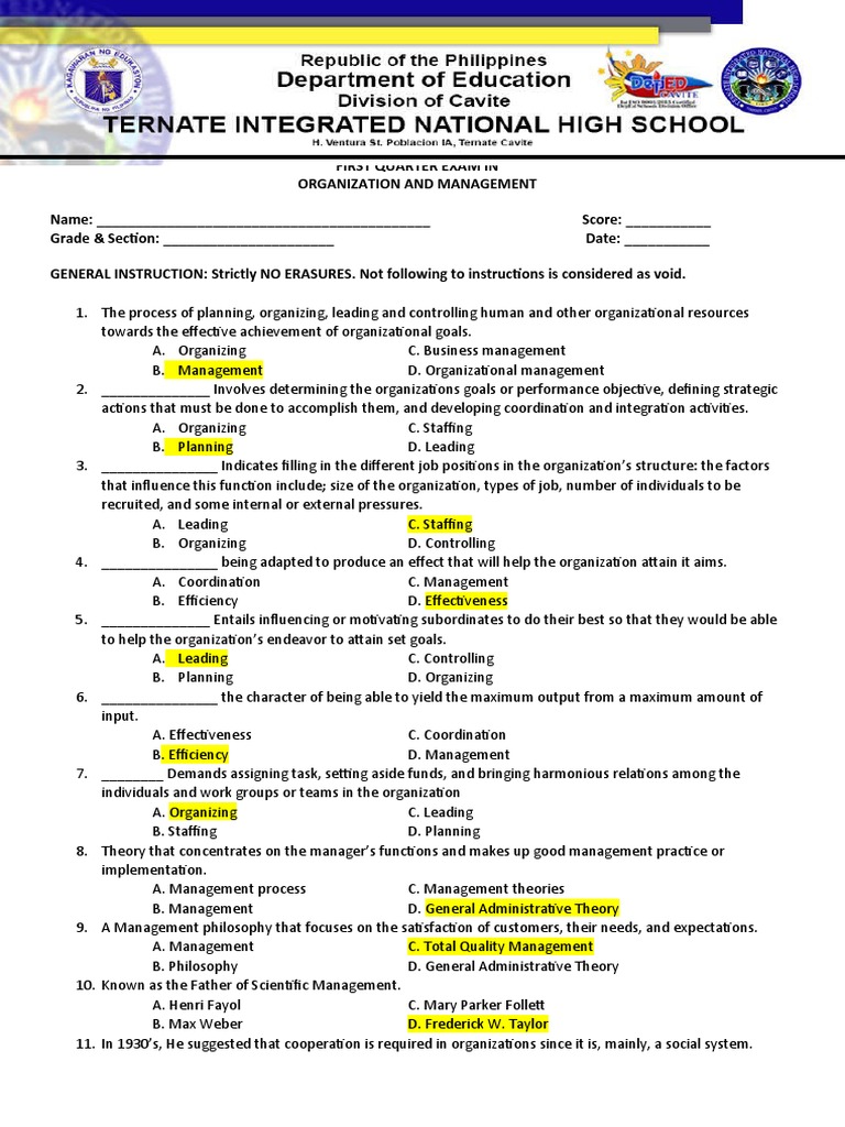 1st Quarter Exam - Organization & Management | PDF | Goal | Economies