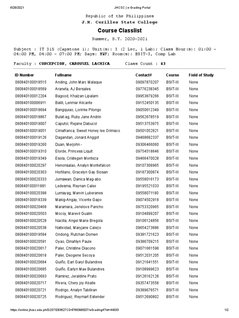 Summer 2020-2021 Classlist for IT 315 (Capstone 1) with 43 Students Taught by Faculty Member ...