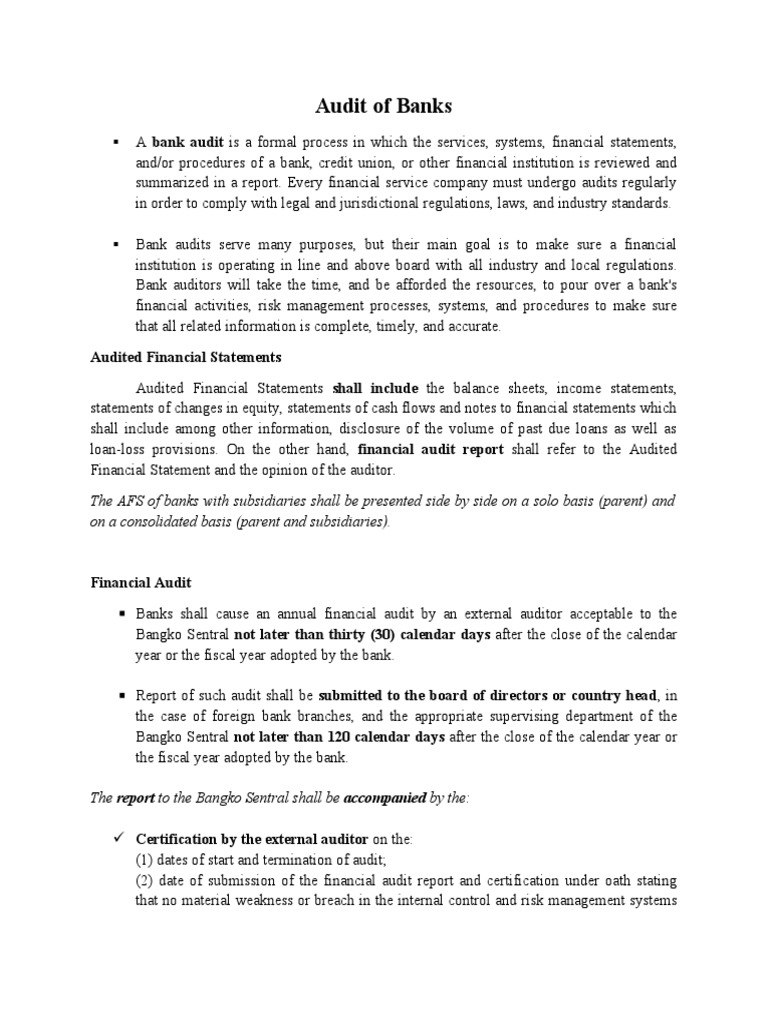 Audit of Banks: Audited Financial Statements | PDF | Financial Audit ...