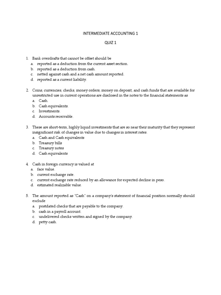 Intermediate Accounting 1 Quiz 1 | PDF | Banks | Cash