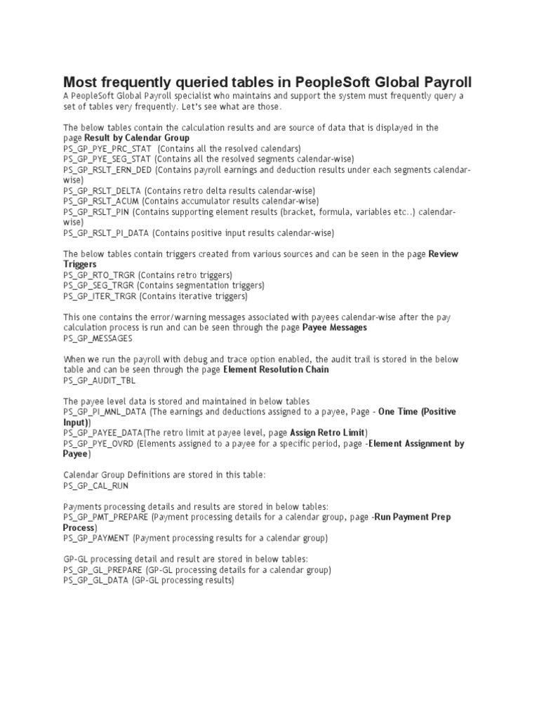 Most Frequently Queried Tables in PeopleSoft Global Payroll | PDF ...