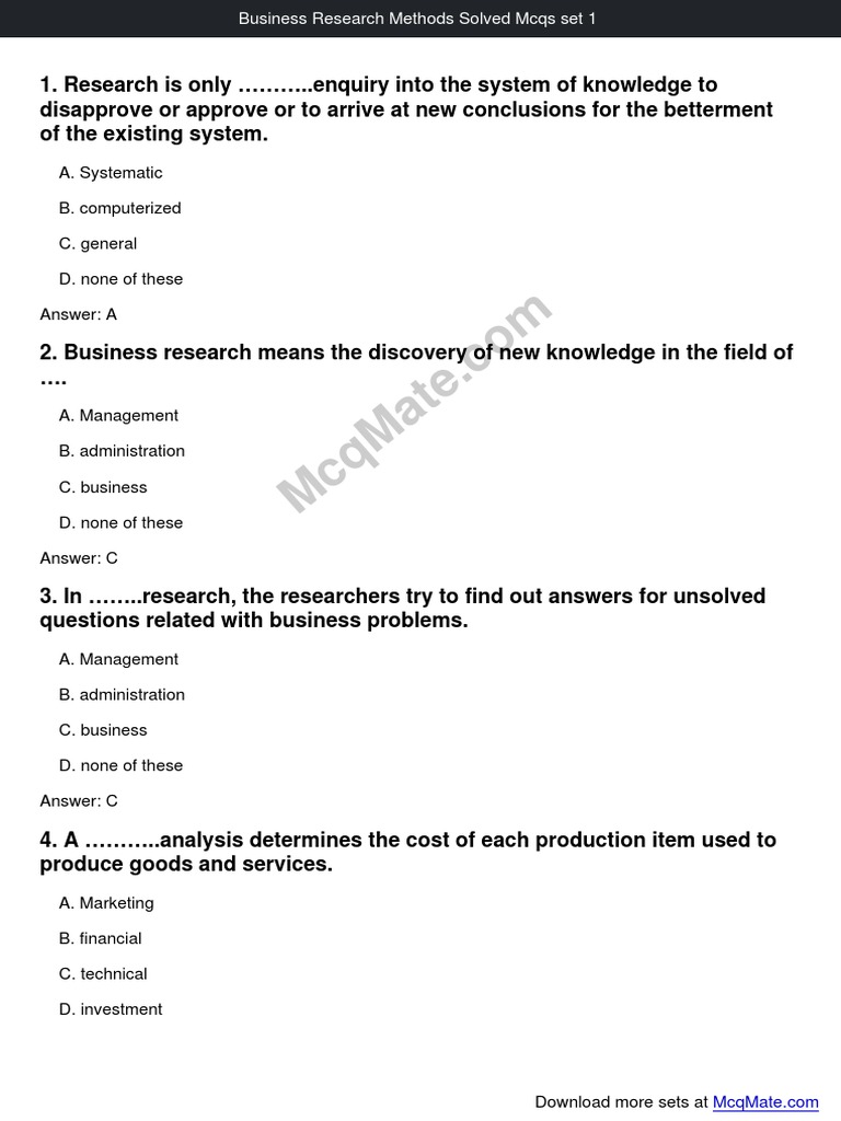 Business Research Methods Solved Mcqs Set 1 | PDF | Inductive Reasoning ...