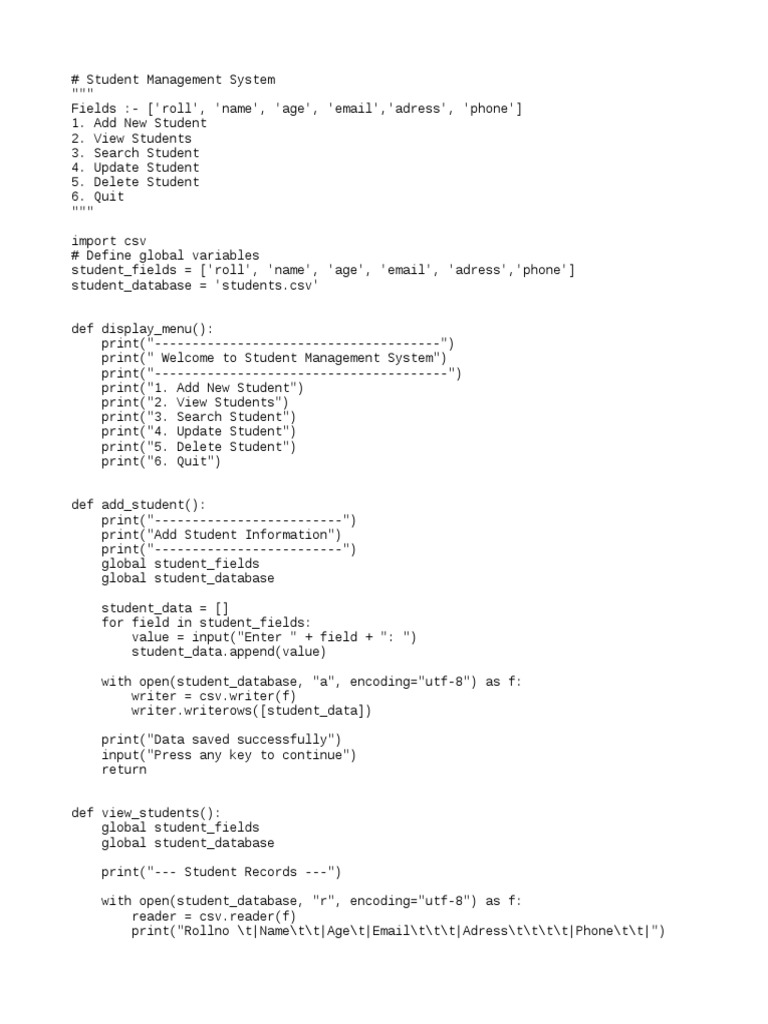 Student Management System Project Inpython | PDF | Comma Separated Values | Computer Science