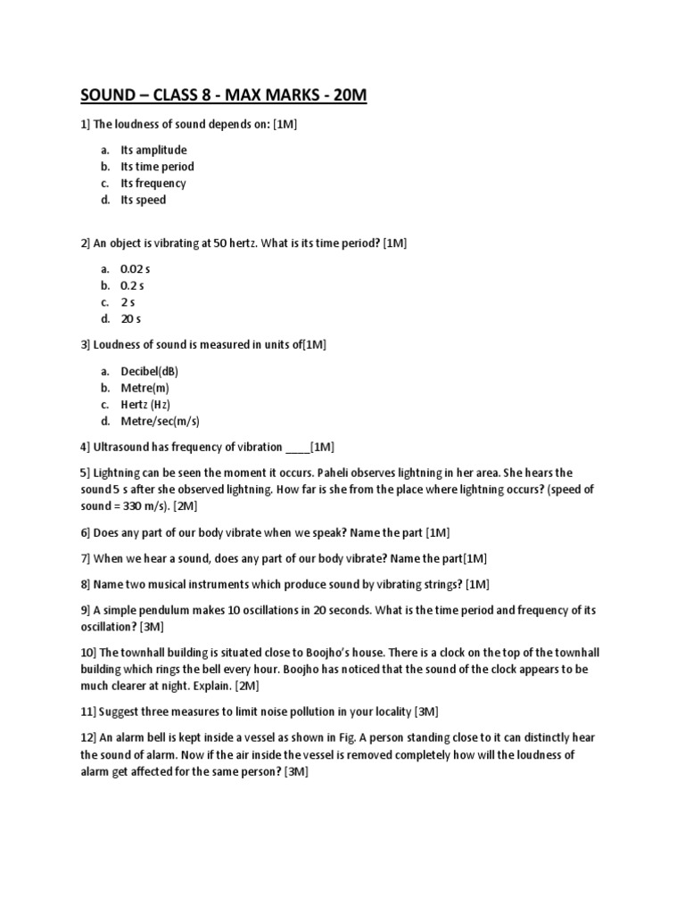 Sound - Class 8 - Max Marks - 20M | PDF