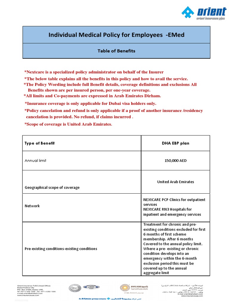 Individual Medical Policy For Employees - Emed: Table of Benefits | PDF ...