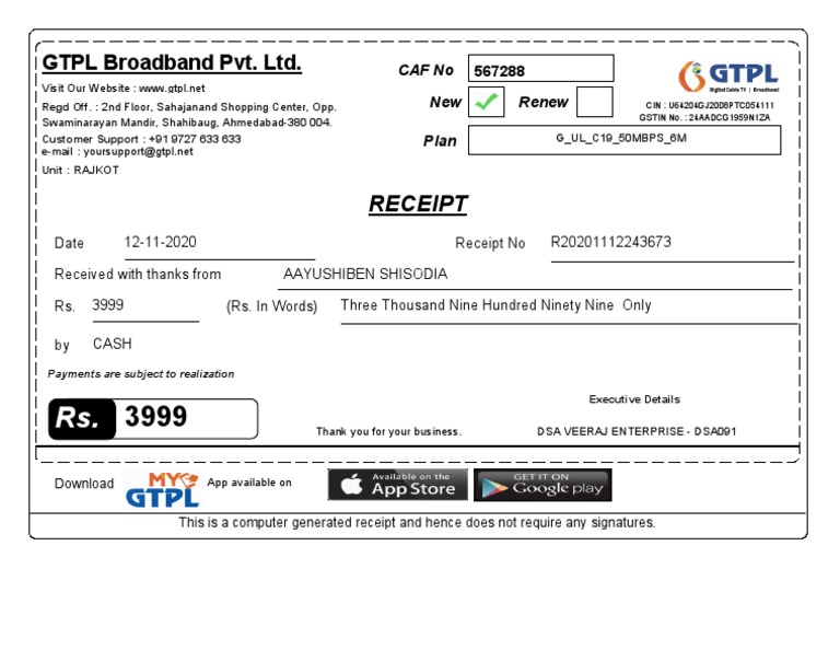 GTPL Internet Bill Receipt Sample | PDF