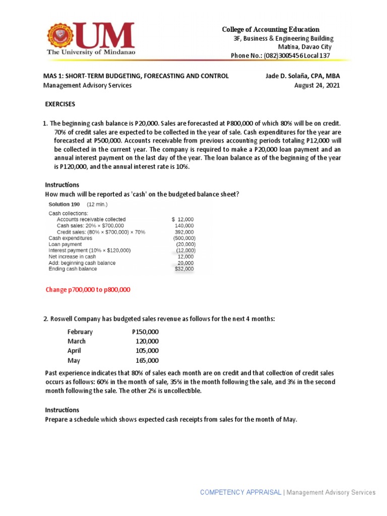 Mas 1: Short-Term Budgeting, Forecasting and Control Jade D. Solaña ...