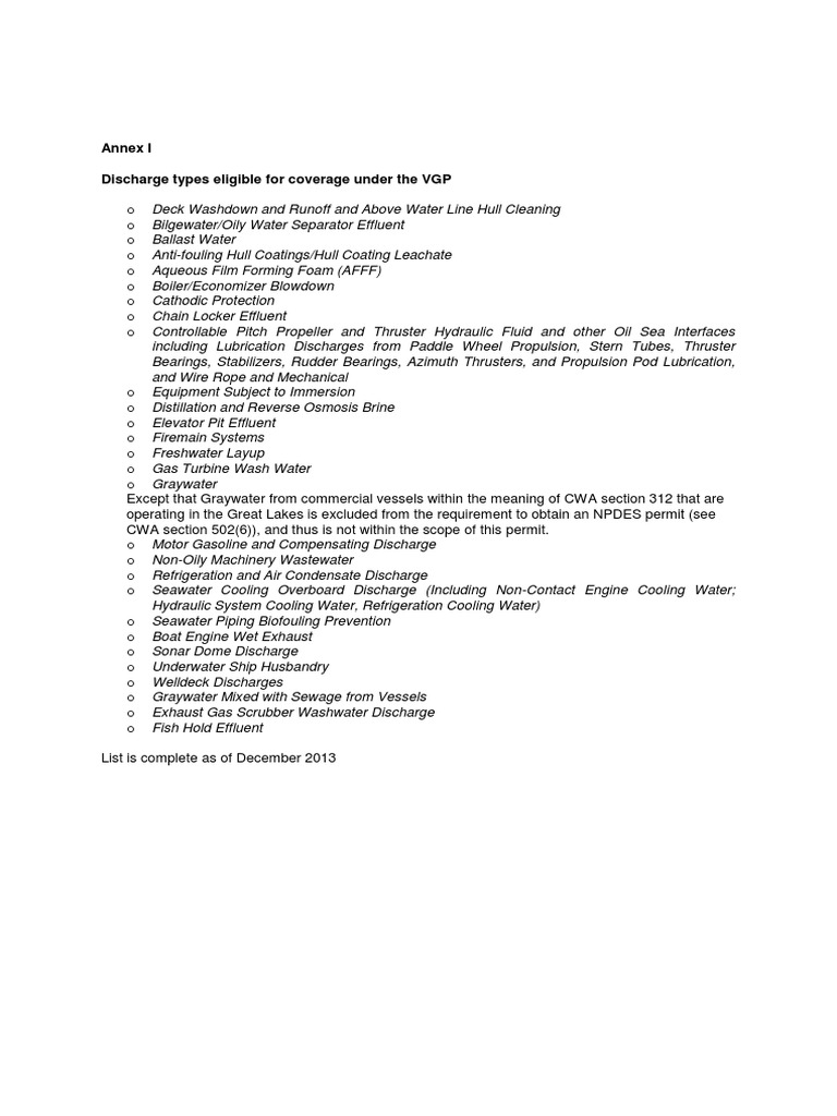 Annex I Discharge Types Eligible For Coverage Under The VGP | PDF ...