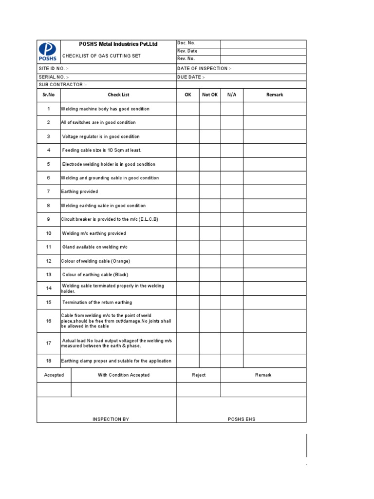 POSHS Metal Industries PVT - LTD: Checklist of Gas Cutting Set | PDF