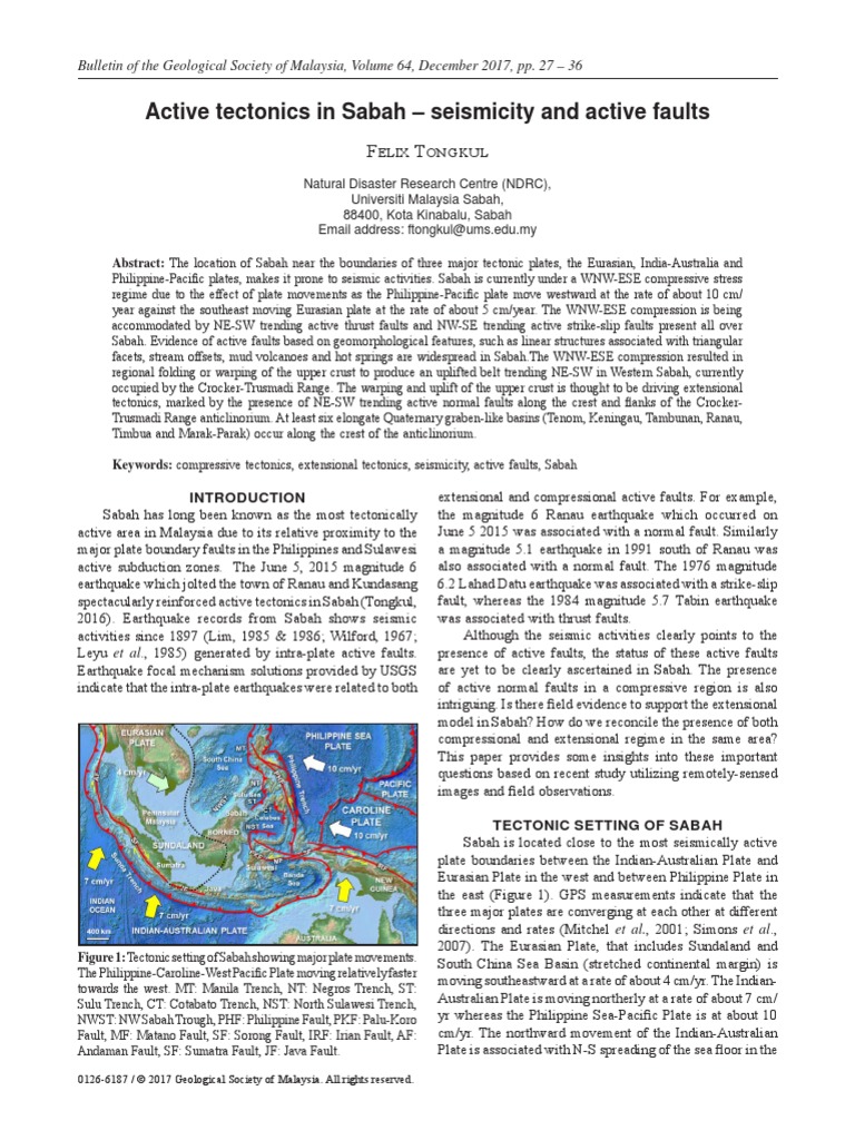 Active Tectonic in Sabah | PDF | Earthquakes | Fault (Geology)
