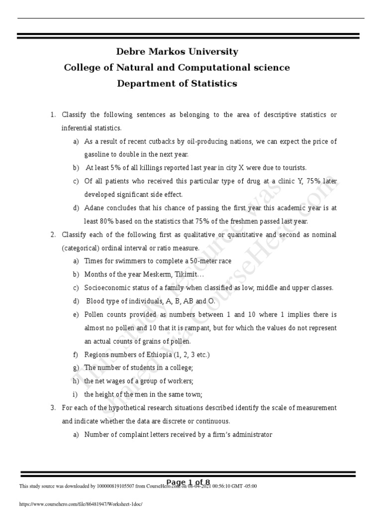 Worksheet 1 | PDF | Skewness | Mean