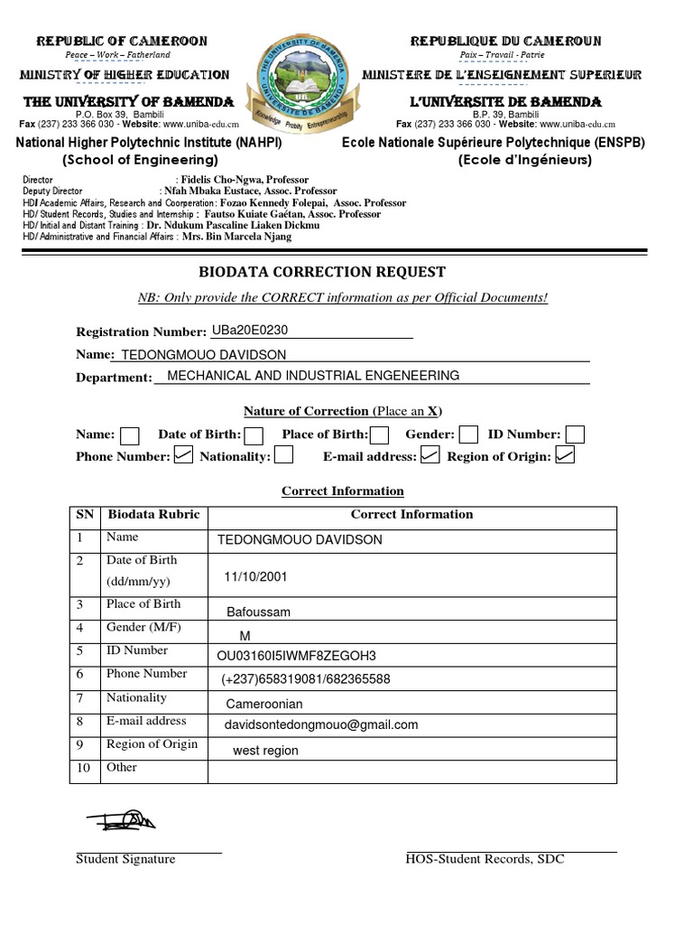 Request for Correction of Student Biodata Information from the National ...