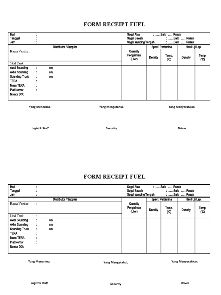 Form Receipt Fuel Penerimaan BBM Solar | PDF