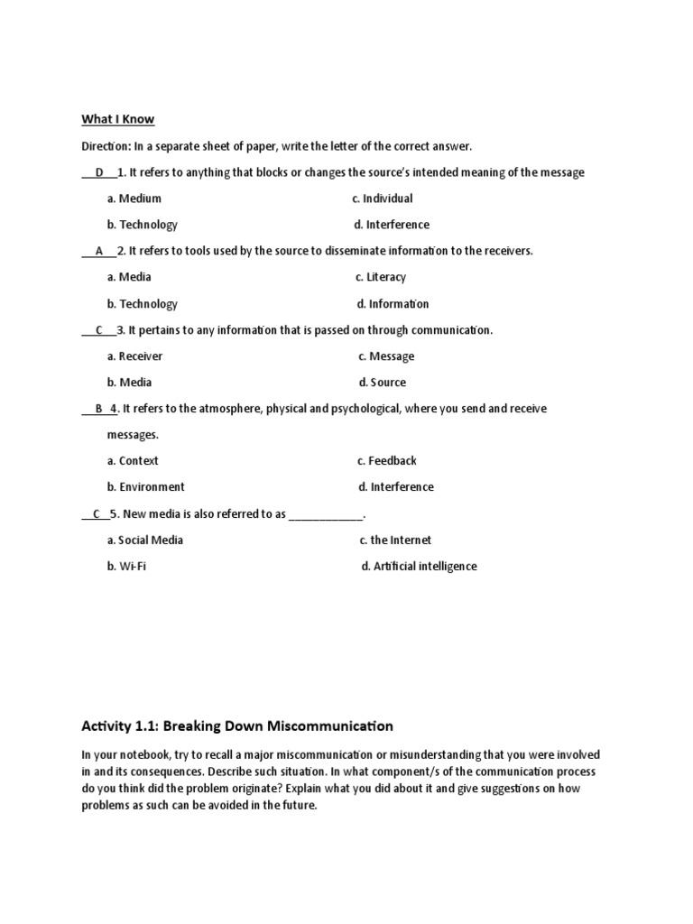 What I Know: Activity 1.1: Breaking Down Miscommunication | PDF ...