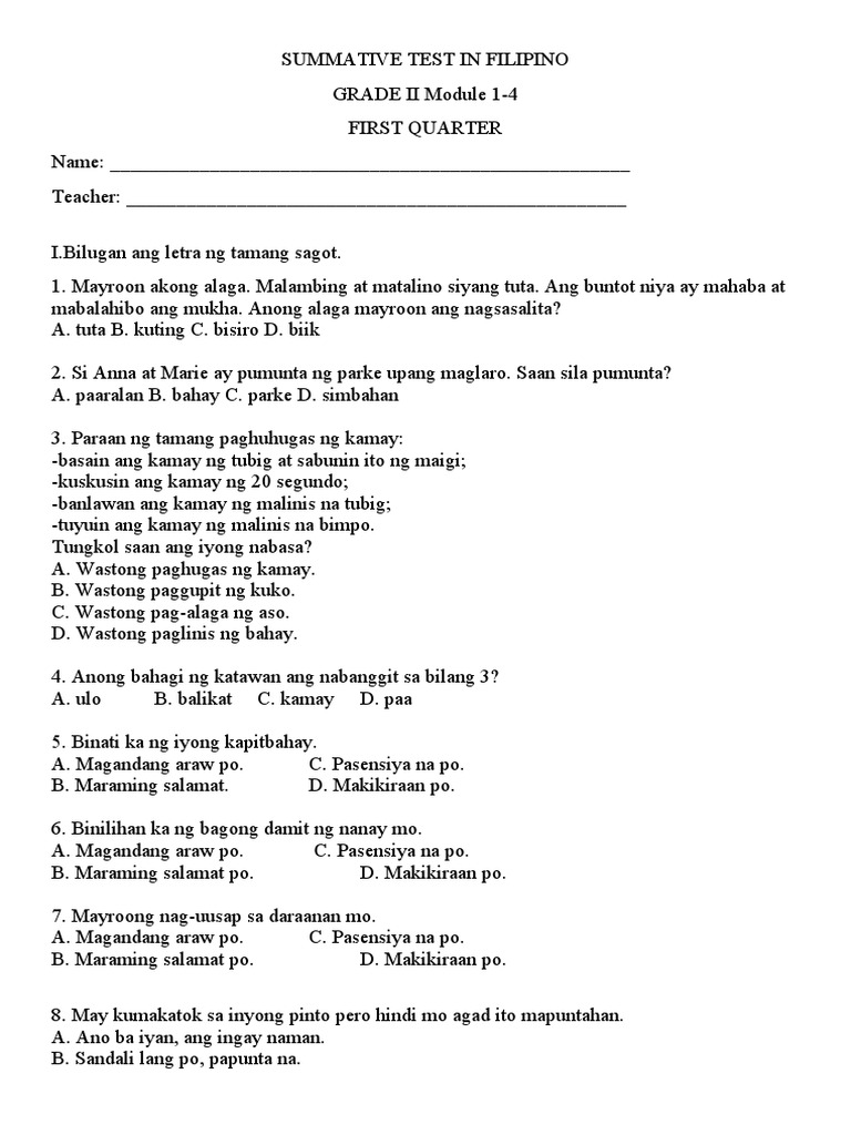 Summative Test in Filipino | PDF