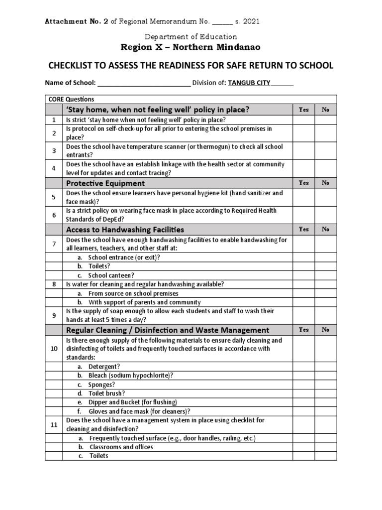Checklist To Assess The Readiness For Safe Return To School: Region X ...